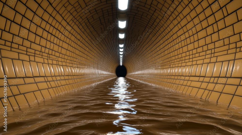 Water flows steadily from a sewage pipe into a dimly lit tunnel ...