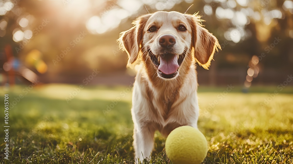 Dog having fun with ball outdoors activity. National Fetch Day. Canine ...