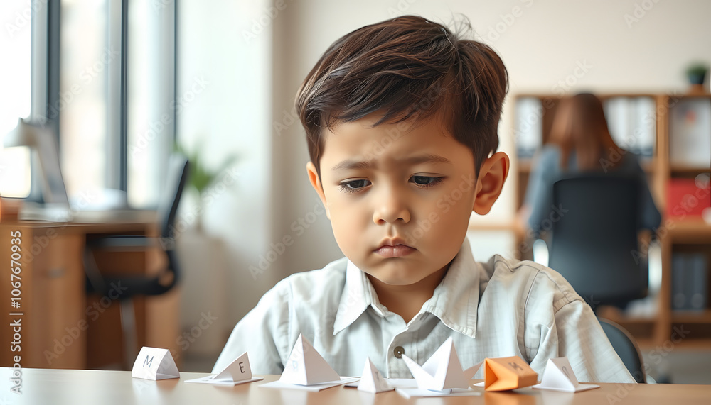 Bored sad little boy refusing to cooperate with teacher, ignoring ...