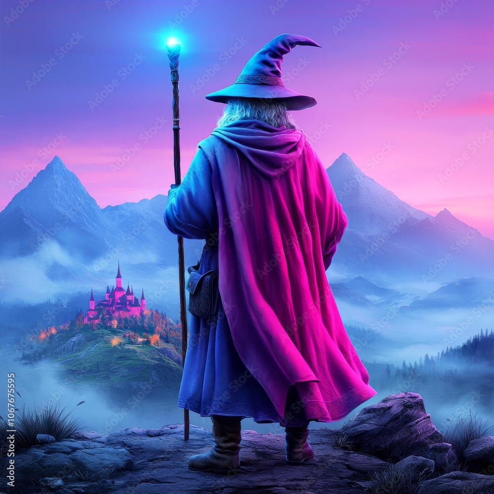 Stock, a wizard casting a spell from a hilltop Stock Illustration ...