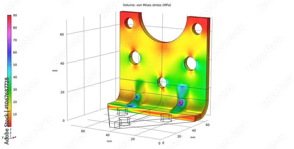 Metal bracket drawing. Von mises stress plot. Computer 3d modeling of ...