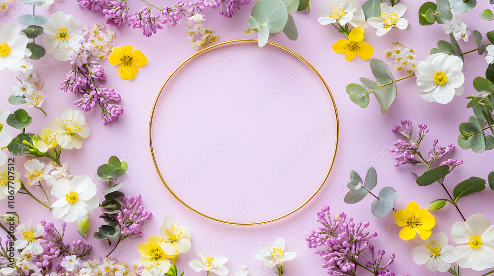 fondo liso color lila con flores alrededor de colores pastel con un aro ...