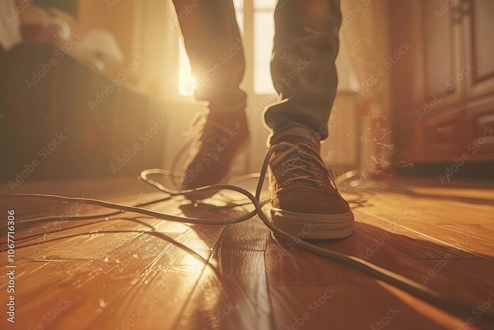 Tripping Over a Wire Cord and Falling: Feet Stumbling on the Cable ...