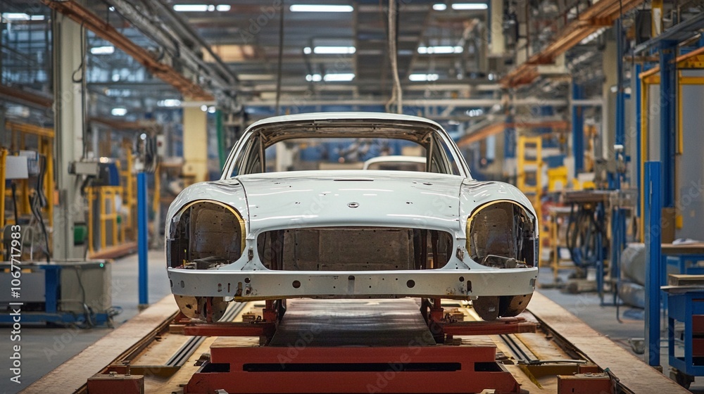 Unfinished sports car body on assembly line in modern automotive ...