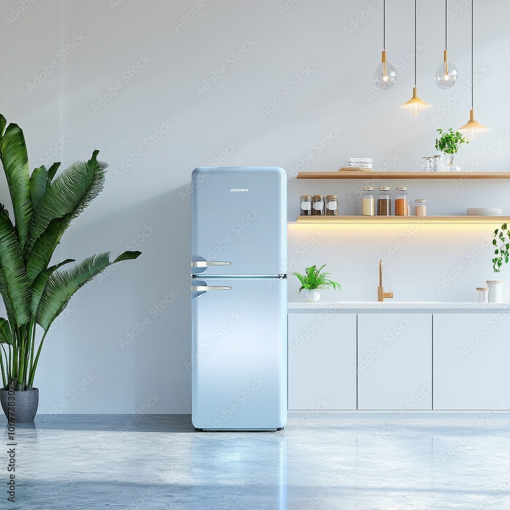 Bright and warm tone, refrigerator in empty wall, refrigerator is main ...