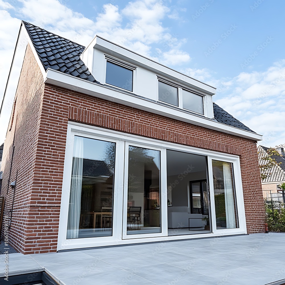 Modern brick house with large sliding glass doors opening onto patio ...