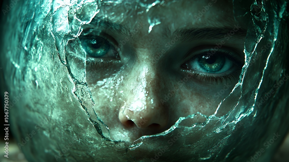 A young girl's face is encased in ice, her eyes looking out with a ...
