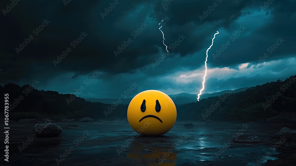 A yellow emoticon with a sad face sits in a stormy landscape, under a ...