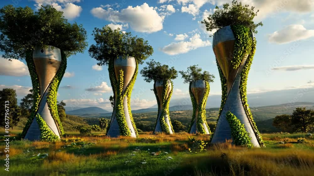 Five trees grow in unique, twisted planters on a grassy hillside Stock ...