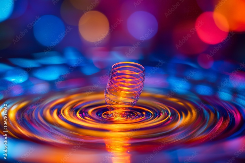 Brightly colored concentric rings form the base for a suspended spiral ...