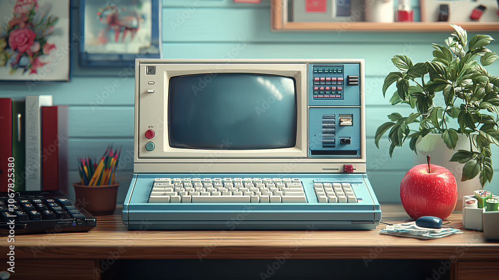 Vintage tech setup with retro computer, nostalgic colors, and apple ...