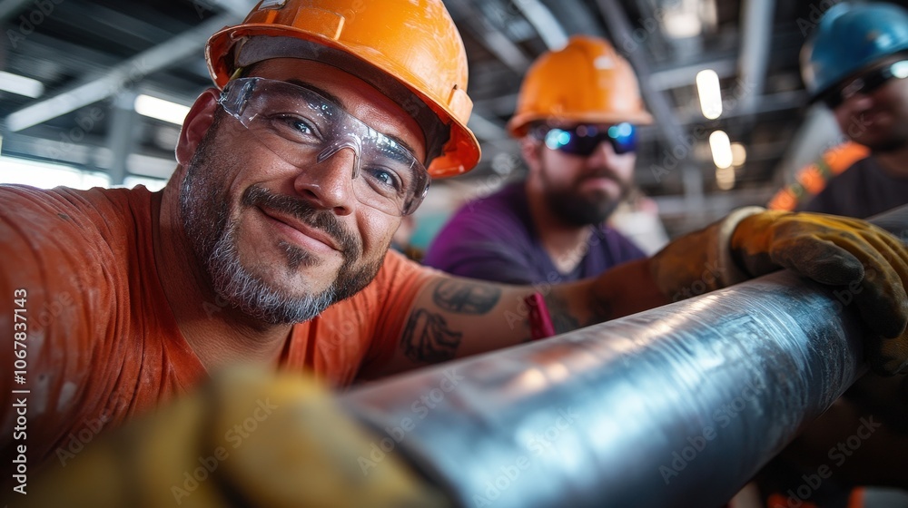 A cheerful construction worker in an orange outfit and helmet smiles at ...