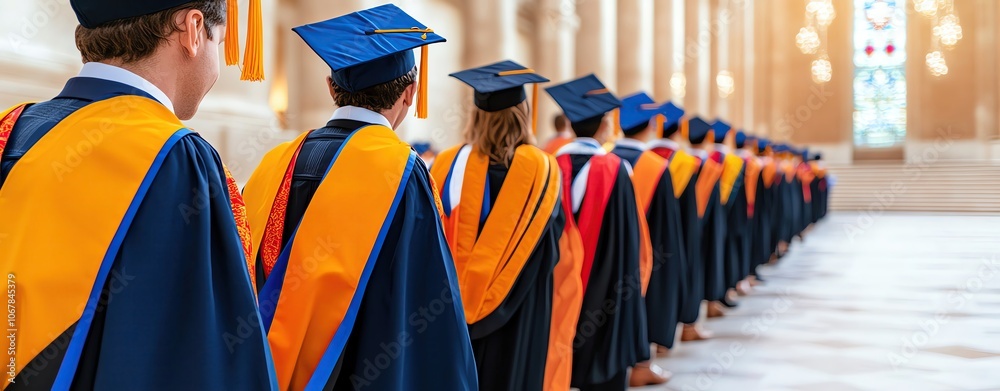 Graduates lined up for a ceremony, with colorful academic sashes and ...