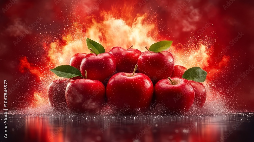 Dramatic contrast, red apples submerged in water with rising flames, a ...