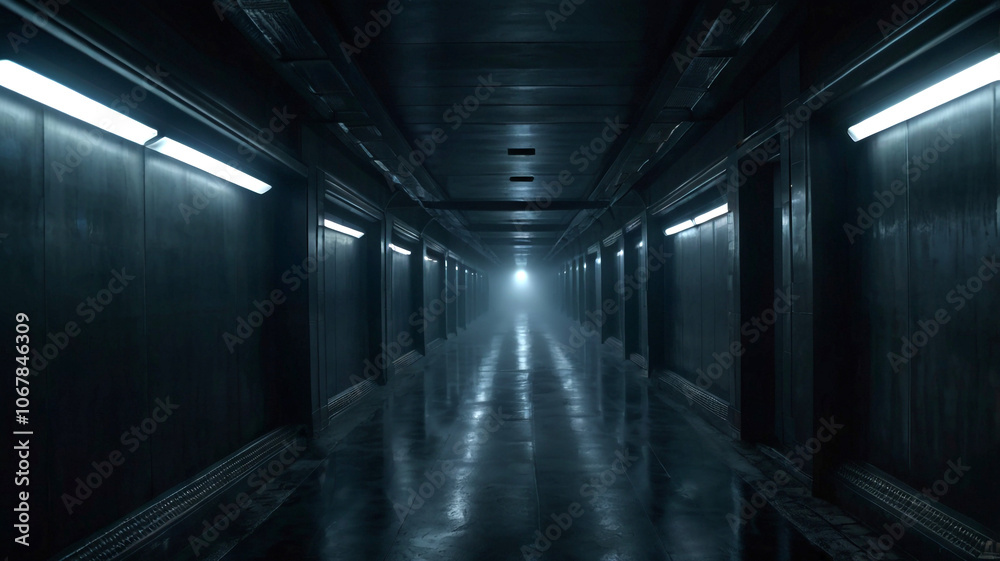 Explore a dark, futuristic corridor bathed in eerie neon lights ...