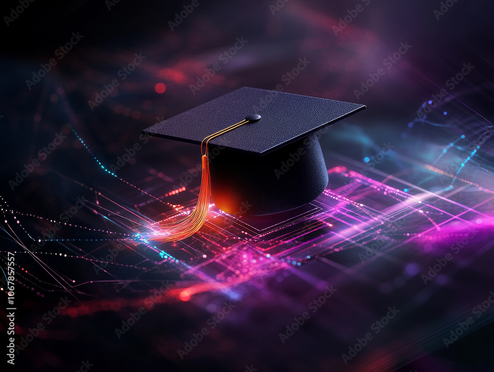 radiant graduation cap suspended in digital landscape, symbolizing ...