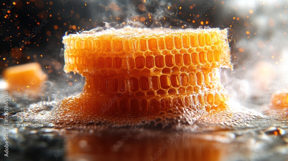 Honeycomb dripping with hot liquid honey, with steam rising from the ...