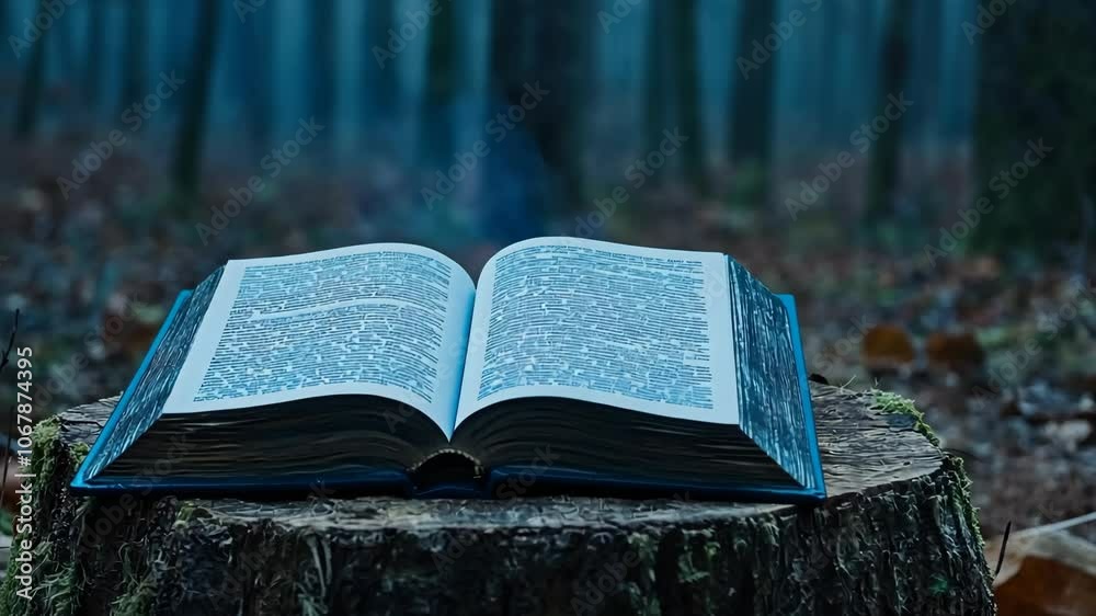 An open book rests on a tree stump in a foggy forest Stock Video ...