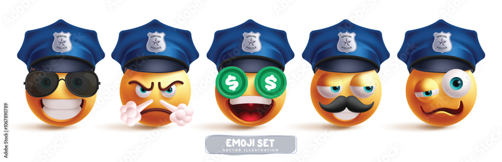 Police emoji characters vector set. Police officer emoticons in happy ...