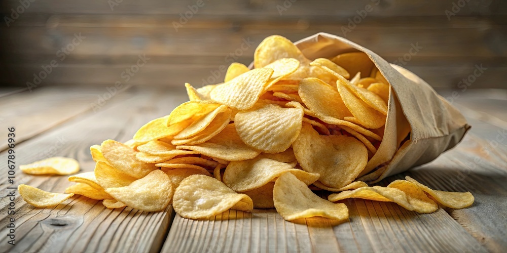 Bag of potato chips spilling onto table, crunchy, salty, full of trans ...