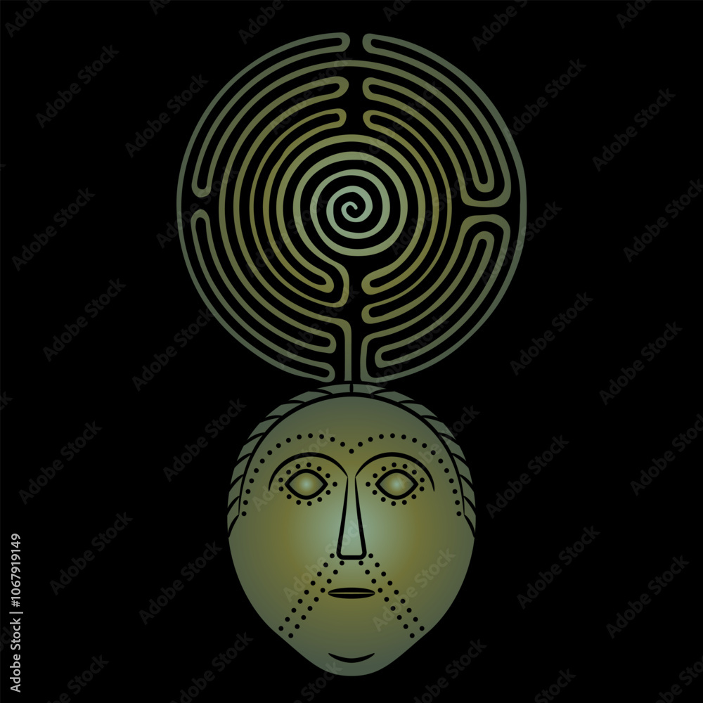 Viking Norse or Celtic mask and a round spiral maze or labyrinth symbol ...