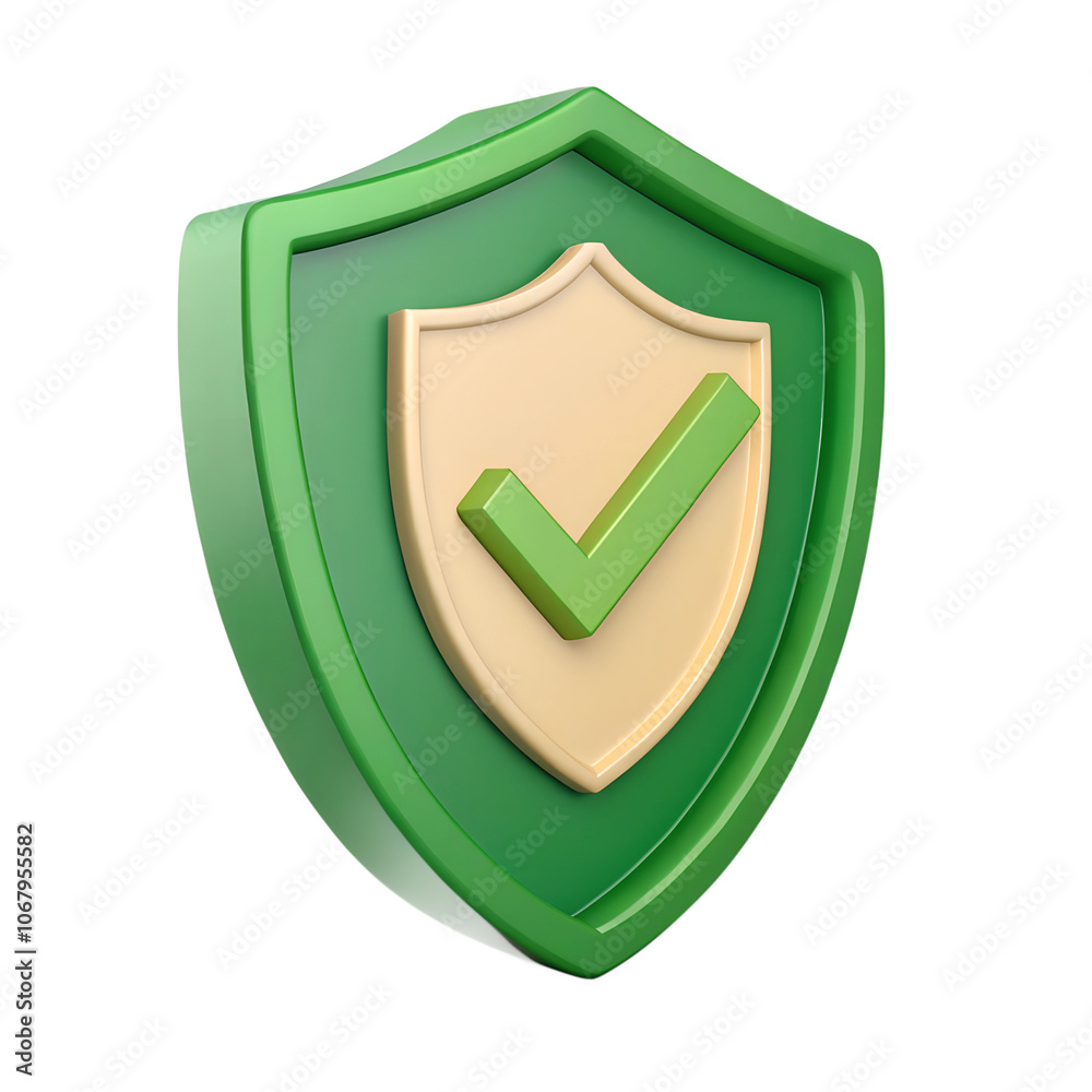 Modern green shield symbol with a blue checkmark security isolated on a transparent background ...