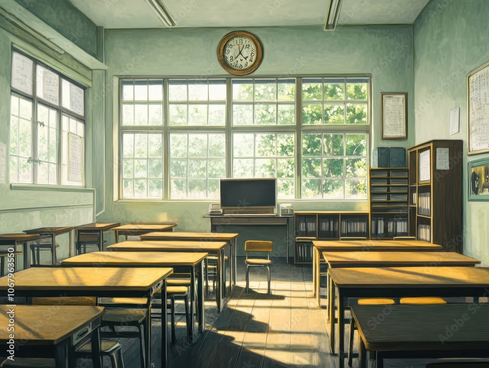 Old-school Japanese classroom setup with traditional wooden desks and ...