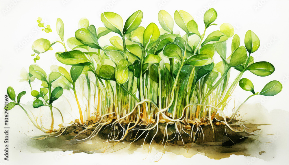 watercolor illustration of mung bean sprouts with intricate roots and ...