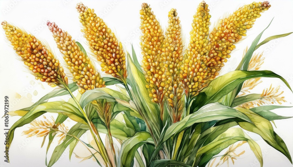 a cluster of millet plants, featuring golden yellow seed heads and lush ...