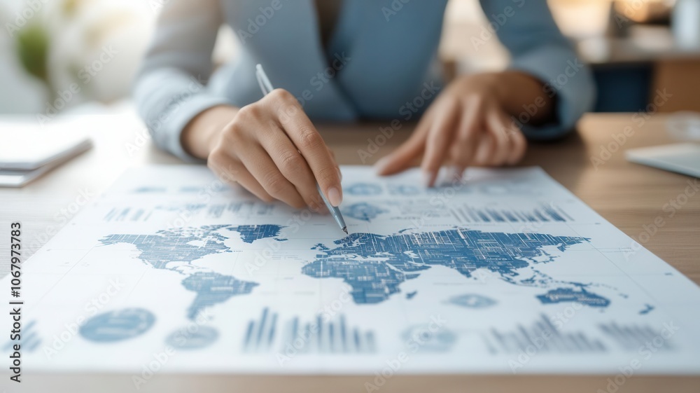 Analyst scrolling through world map with risk data, office lighting ...