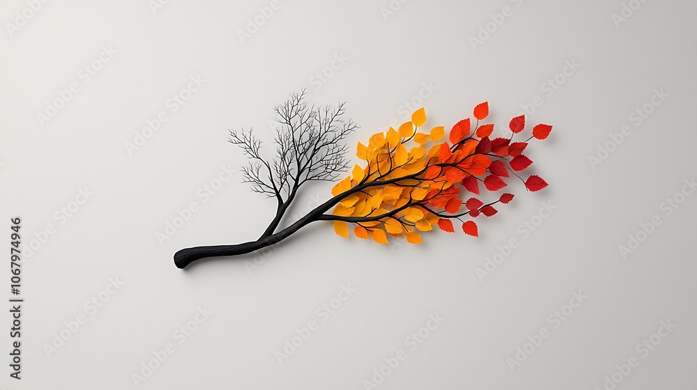 A detailed photo of colorful autumn leaves on a tree branch, creating a ...