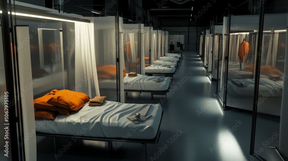 A scene of a temporary shelter adapting to pandemic conditions, with ...