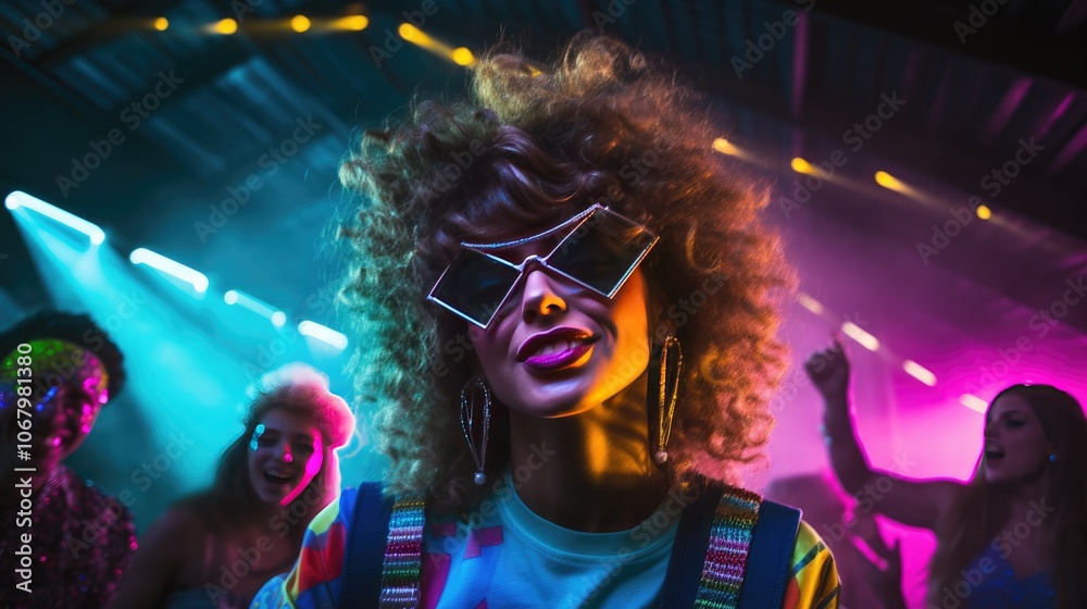 Retro 80s themed party with people in vintage outfits, neon colors, and ...