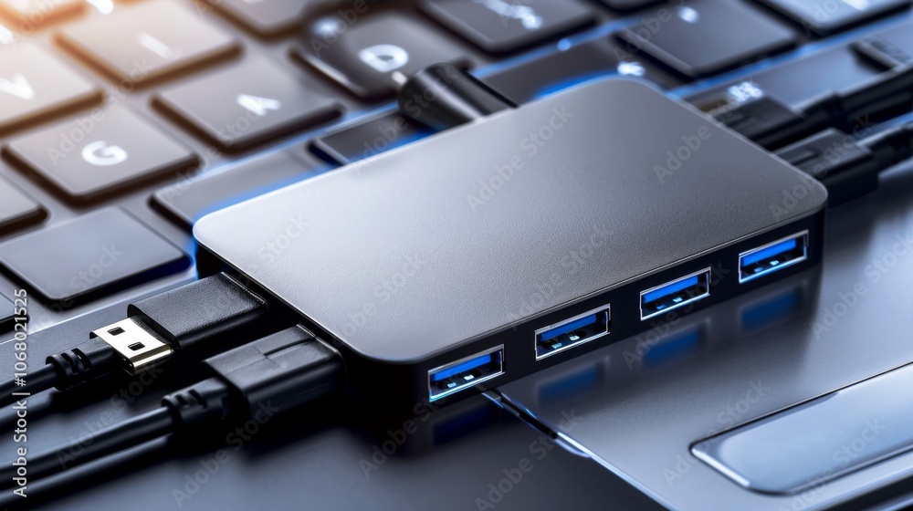 A Sleek USB hub with multiple ports connected to various devices ...
