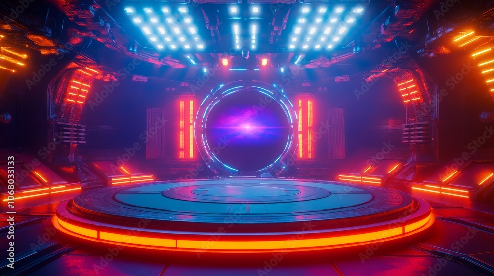 24.A glowing futuristic stage with a holographic projection above, set ...