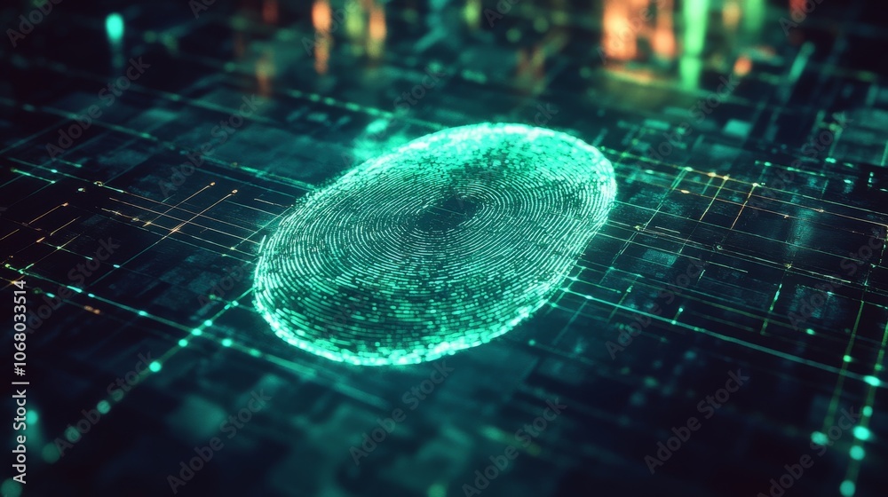 17.A high-tech fingerprint scan rendered in neon light, radiating in ...