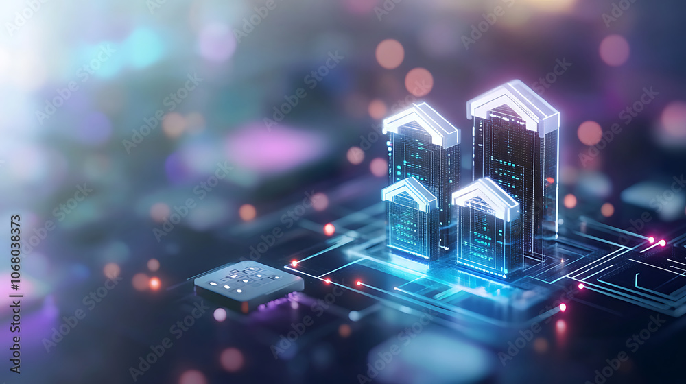 Smart city technology with futuristic graphic of digital data transfer ...