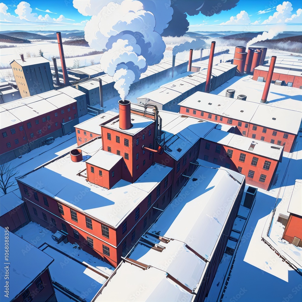 Aerial view of old paper mill factory bird's-eye view at sunny snowy ...