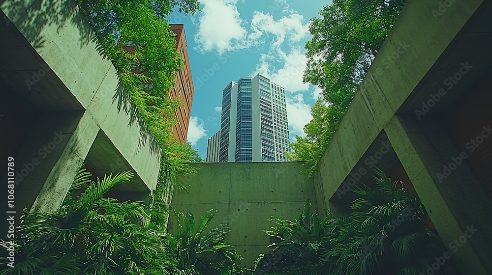 A low angle view of a tall building seen through a courtyard with lush ...