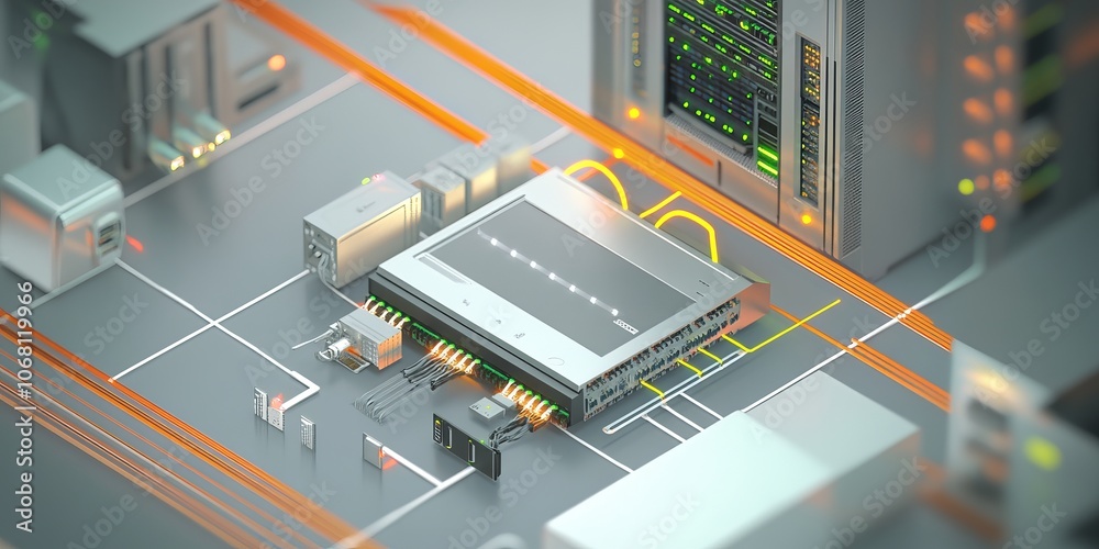 A 3D image shows a server in a data center connected to a modem and Wi ...