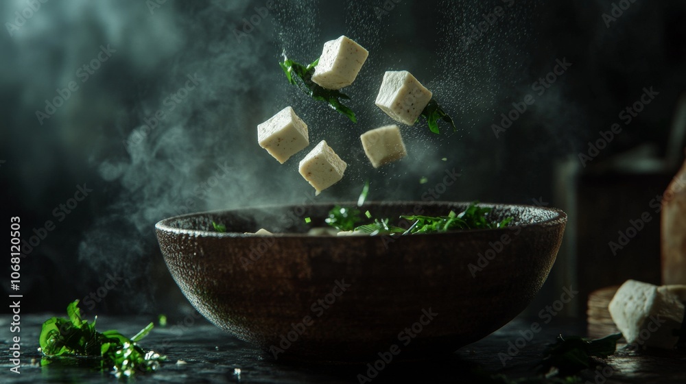 dynamic food levitation shot, rustic pottery bowl, floating tofu ...