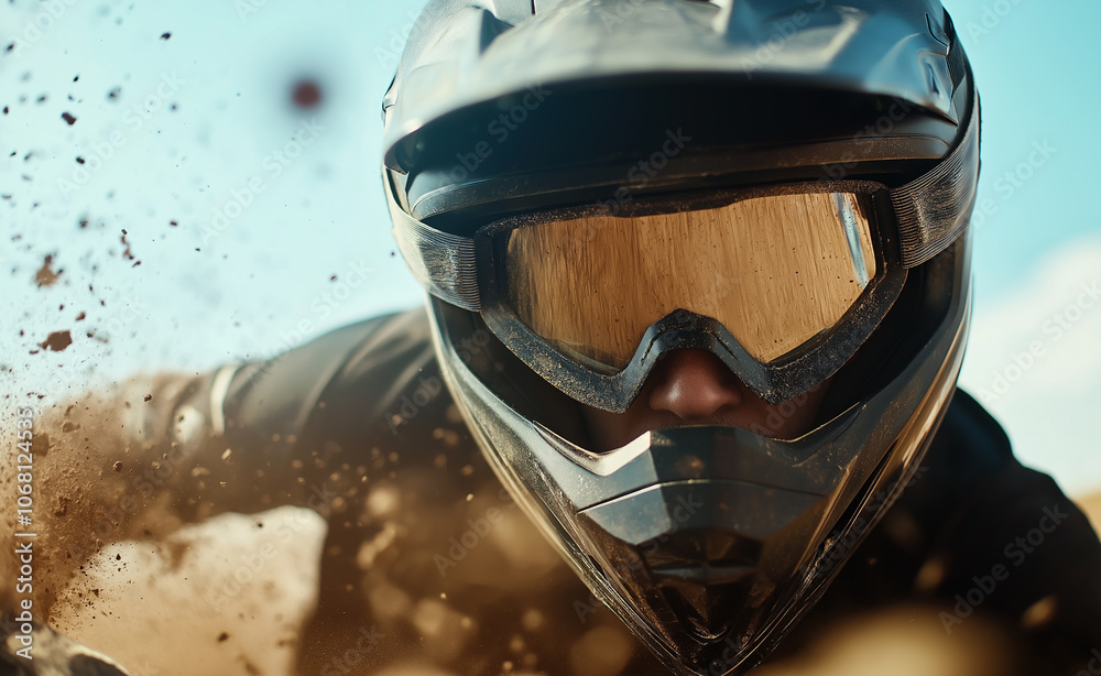 Motocross rider in full gear speeding through dirt with dust flying ...