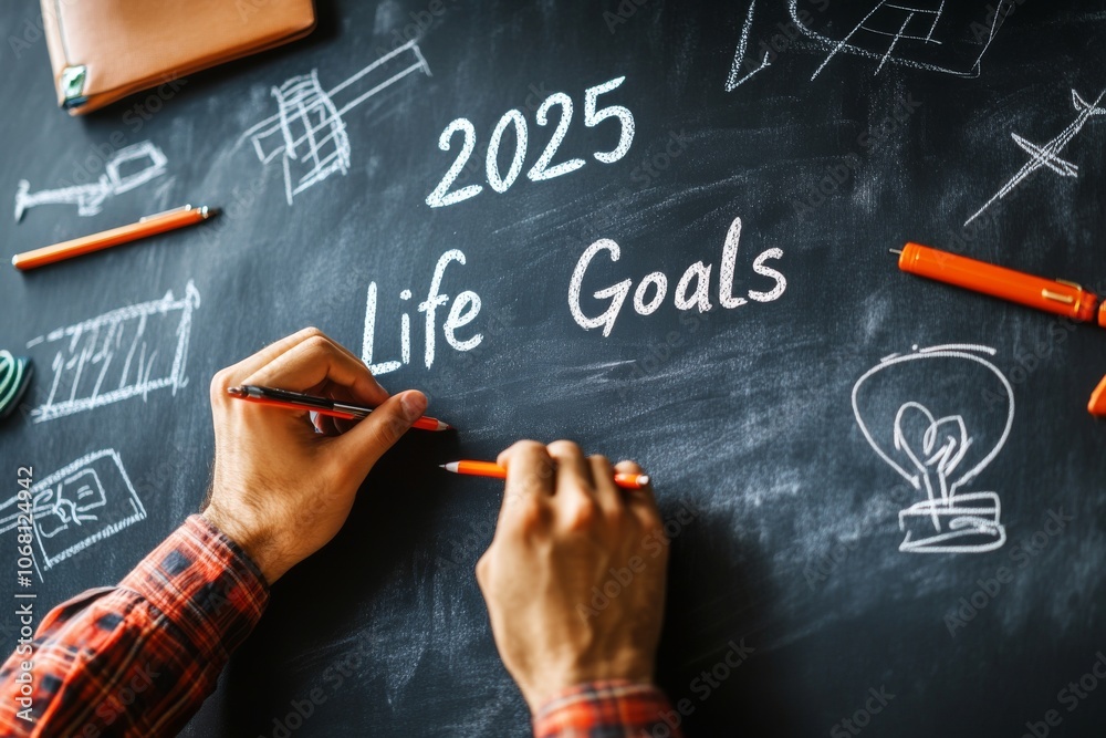 Person writing life goals on chalkboard for 2025 planning. Stock Photo ...
