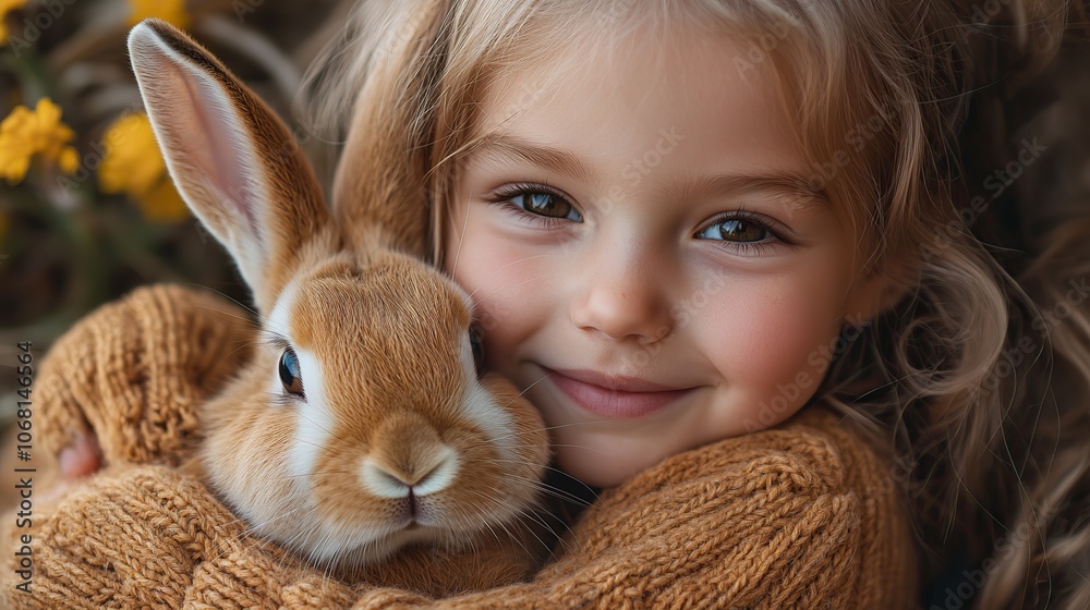 A cute little girl playing with her bunny on a sunny spring field ...
