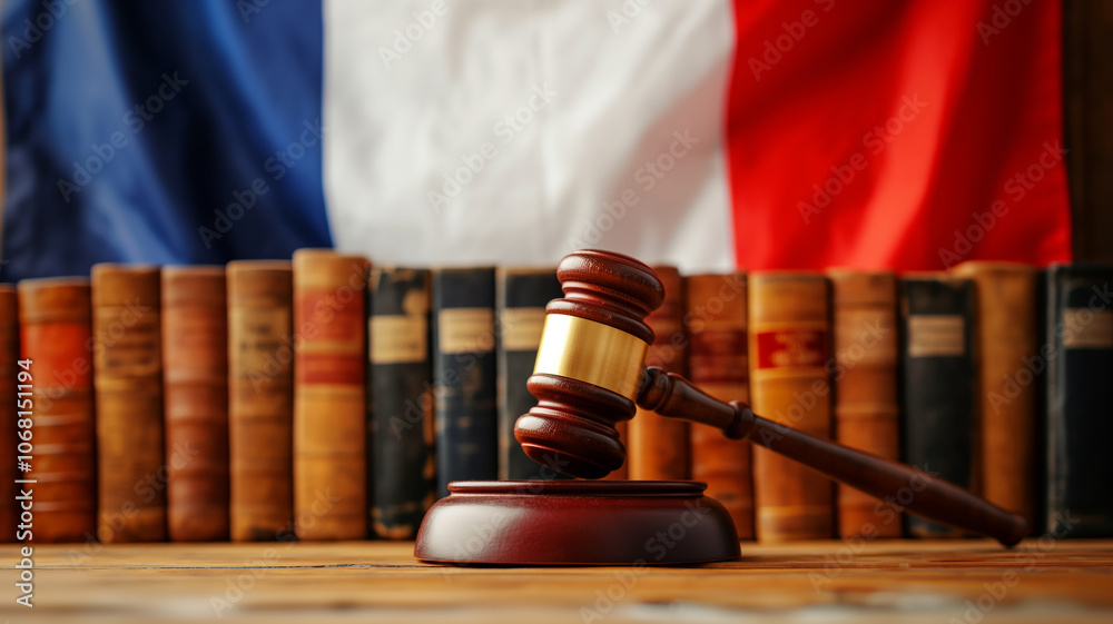 Law and justice concept. France flag standing at blurred angle behind ...
