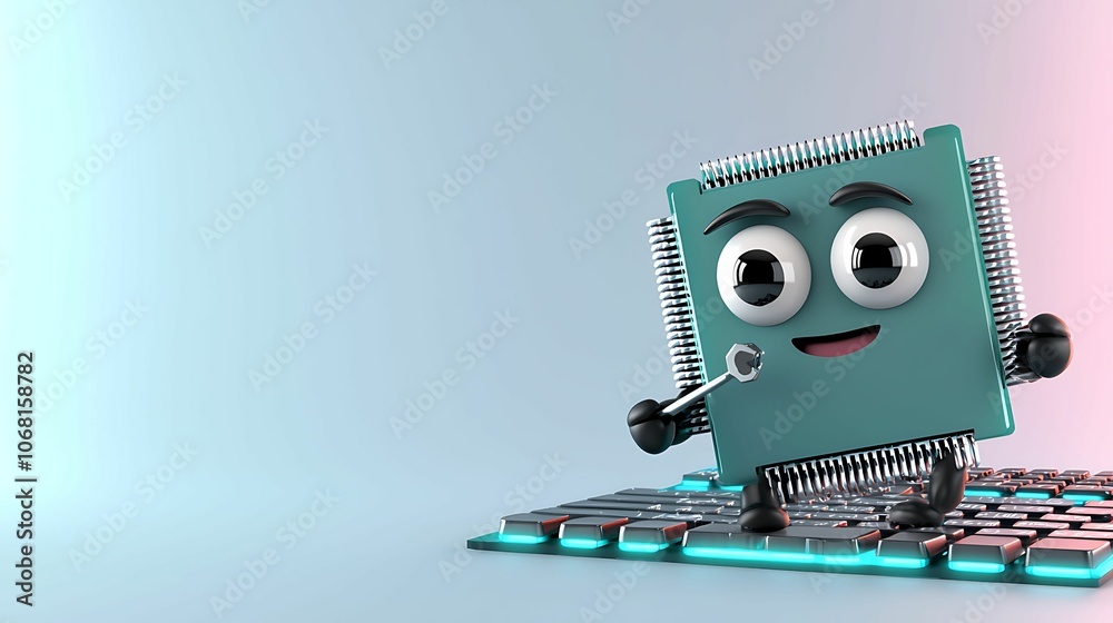 Cheerful cartoon microchip character wielding a wrench on a colorful ...