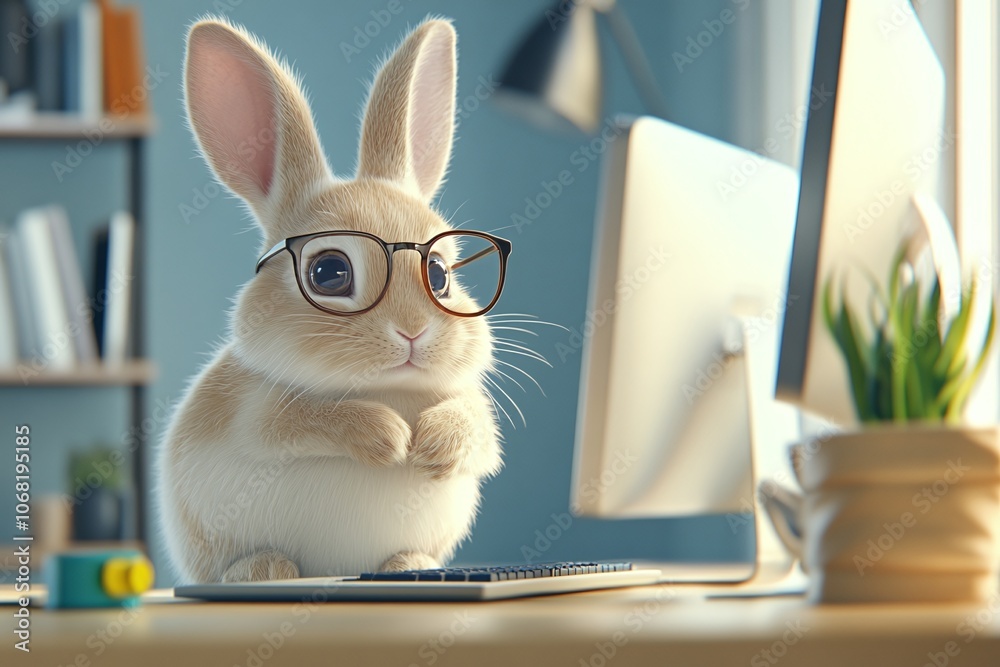 Cute rabbit wearing eyeglasses in front of computer in a workroom Stock ...