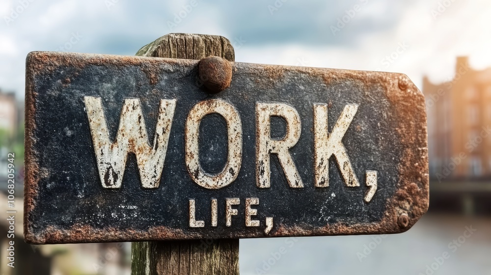 Rusty 'work life' sign, a vintage symbol of balance, time, and the ...