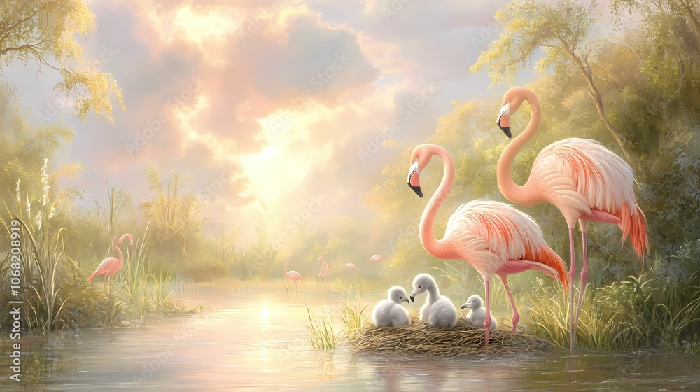 An intimate scene of flamingos nesting in a wetland area, with adult ...