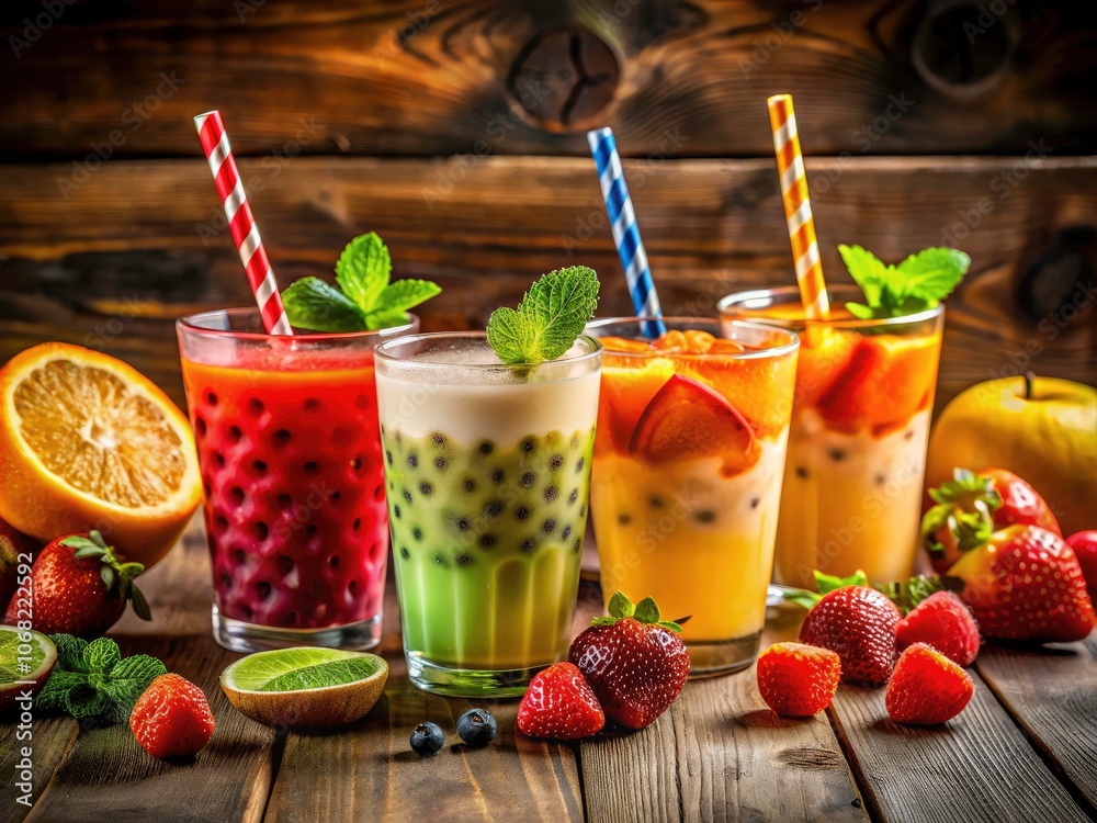Vintage Style Photography of Assorted Fruit Bubble Teas in Colorful ...